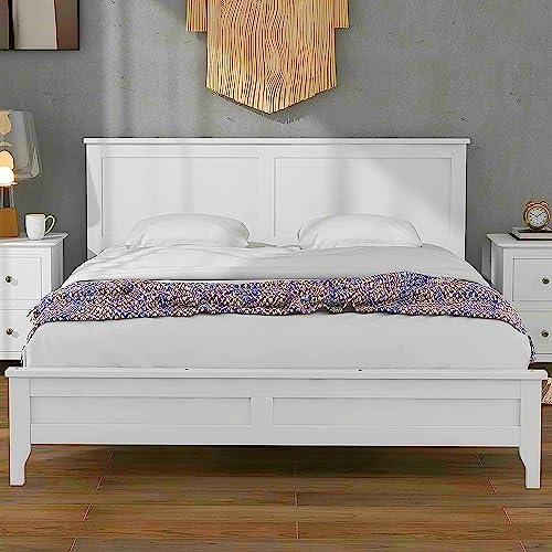 Harper & Bright Designs Queen Size Platform Bed with Headboard, Modern Wooden Queen Bed Frame with Slat Support, Queen Size Beds for Kids Teens Adults, No Box Spring Need, White