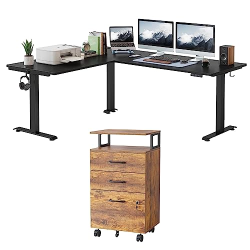 FEZIBO 75 Inch L Shaped Standing Desk with File Cabinet, Rustic Brown