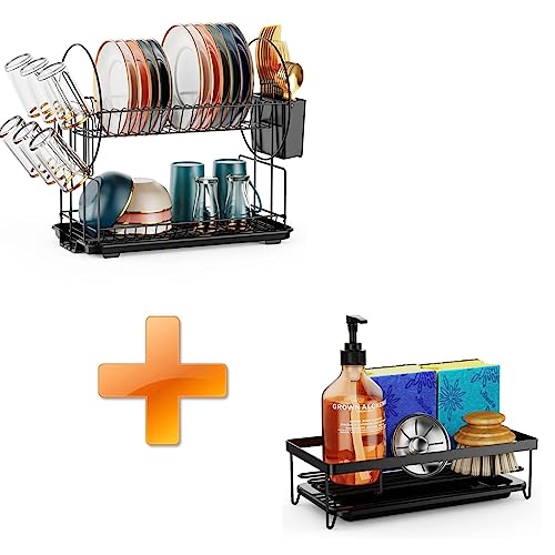 iSPECLE Dish Drying Rack and Sink Caddy Sponge Holder, 2 Tier Small Dish Racks for Kitchen Counter with Glass Holder and Kitchen Sink Organizer for Brush & Soap, Bundle Sales, 2 Packs