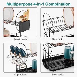 iSPECLE Dish Drying Rack and Sink Caddy Sponge Holder, 2 Tier Small Dish Racks for Kitchen Counter with Glass Holder and Kitchen Sink Organizer for Brush & Soap, Bundle Sales, 2 Packs