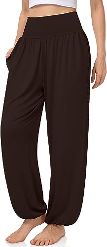 UEU Women's Harem Casual Loose Pants Yoga Sweatpants Flowy High Waisted Lounge Comfy Pajama Joggers with Pockets DarkCoffee L