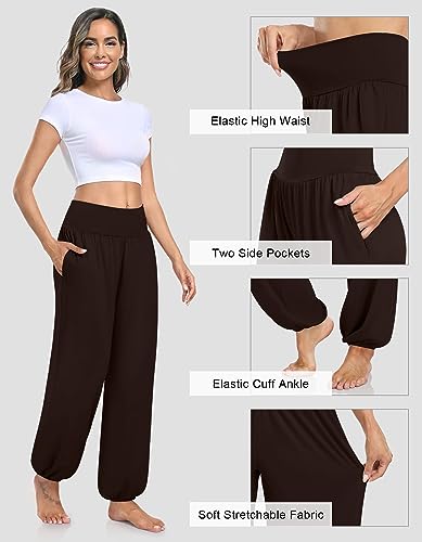 UEU Women's Harem Casual Loose Pants Yoga Sweatpants Flowy High Waisted Lounge Comfy Pajama Joggers with Pockets DarkCoffee L