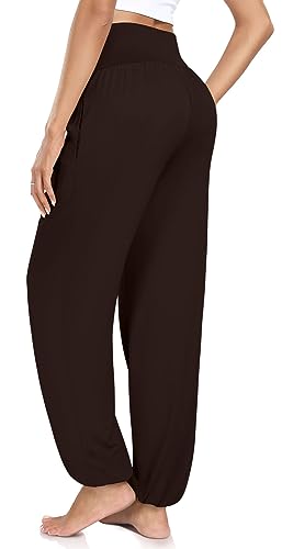 UEU Women's Harem Casual Loose Pants Yoga Sweatpants Flowy High Waisted Lounge Comfy Pajama Joggers with Pockets DarkCoffee L