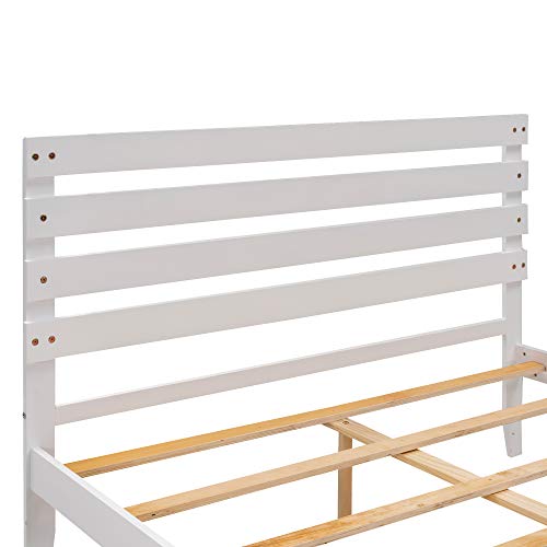 LCH Queen Size Murphy Bed with Storage Drawer and Little Shelves on Each Side, Solid Wood Queen Platform Bed Frame for Kids Teens Adults, No Box Spring Needed (White)