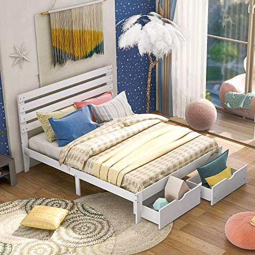 LCH Queen Size Murphy Bed with Storage Drawer and Little Shelves on Each Side, Solid Wood Queen Platform Bed Frame for Kids Teens Adults, No Box Spring Needed (White)