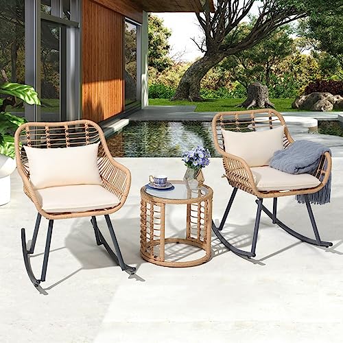 JOIVI Outdoor Furniture Rocking Chairs Set, 3 Piece Wicker Patio Rocking Chairs and Side Table Set, Outdoor Bistro Conversation Set for Porch, Balcony, Poolside, Yard, White Cushions