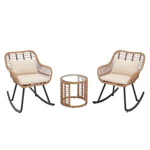 JOIVI Outdoor Furniture Rocking Chairs Set, 3 Piece Wicker Patio Rocking Chairs and Side Table Set, Outdoor Bistro Conversation Set for Porch, Balcony, Poolside, Yard, White Cushions