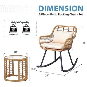 JOIVI Outdoor Furniture Rocking Chairs Set, 3 Piece Wicker Patio Rocking Chairs and Side Table Set, Outdoor Bistro Conversation Set for Porch, Balcony, Poolside, Yard, White Cushions