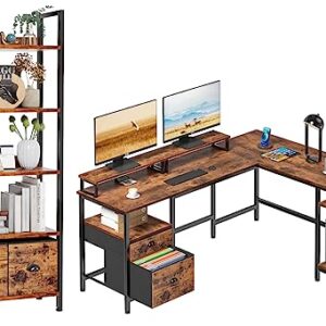 Furologee 66" L Shaped Computer Desk and 5-Tier Bookshelf, Corner Gaming Desk with File Drawer, Tall Bookcase with 2 Storage Drawers for Living Room, Home Office, Bedroom, Rustic Brown