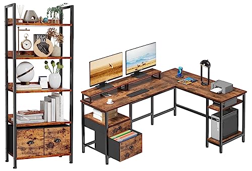 Furologee 66" L Shaped Computer Desk and 5-Tier Bookshelf, Corner Gaming Desk with File Drawer, Tall Bookcase with 2 Storage Drawers for Living Room, Home Office, Bedroom, Rustic Brown