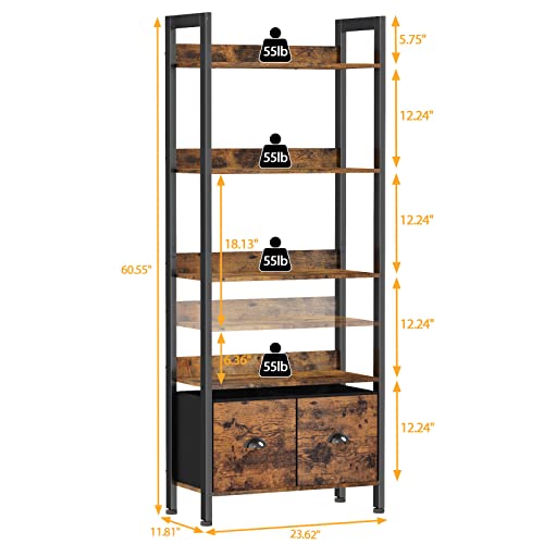 Furologee 66" L Shaped Computer Desk and 5-Tier Bookshelf, Corner Gaming Desk with File Drawer, Tall Bookcase with 2 Storage Drawers for Living Room, Home Office, Bedroom, Rustic Brown