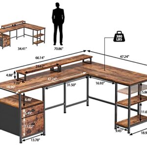 Furologee 66" L Shaped Computer Desk and 5-Tier Bookshelf, Corner Gaming Desk with File Drawer, Tall Bookcase with 2 Storage Drawers for Living Room, Home Office, Bedroom, Rustic Brown