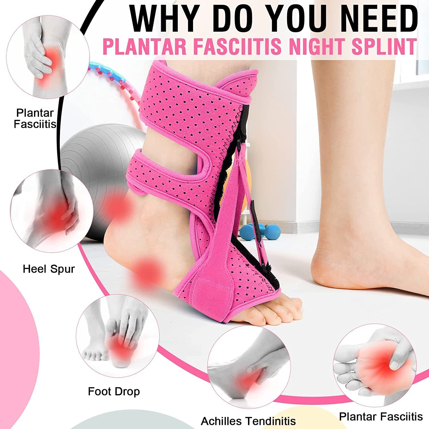 AZOJOY Plantar Fasciitis Night Splint: 2 Packs Upgrade 3 Adjustable Straps Plantar Fasciitis Relief Night Splint for Women & Men, Relief Brace Achilles Tendonitis and Foot Drop Heel Arch Pain Support(Pink-2pc)