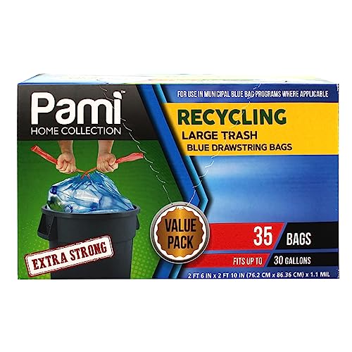 PAMI Recycling Tall 13-Gallon Kitchen Drawstring Trash Bags- Extra-Strong Plastic Garbage Bags [Blue 35 Pack]- Thick Trash Can Liners For Kitchen & Outdoor Bins- 2ft x2ft Unscented Trash Bags