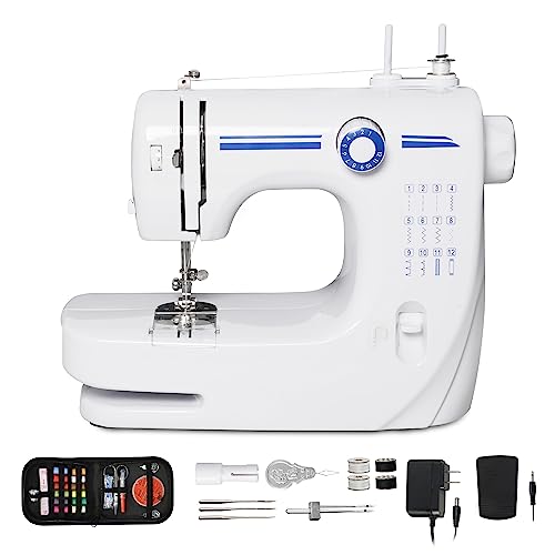 Sewing Machine for Beginners, Portable Mini Sewing Machine, Upgraded Double Needle Sewing, 12 Built-In Stitches, 2 Speeds Double Thread with Foot Pedal, Sewing Machine for Kids, Adults, Blue