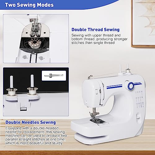 Sewing Machine for Beginners, Portable Mini Sewing Machine, Upgraded Double Needle Sewing, 12 Built-In Stitches, 2 Speeds Double Thread with Foot Pedal, Sewing Machine for Kids, Adults, Blue