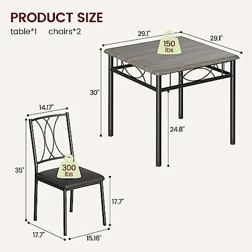 IDEALHOUSE 3 Piece Kitchen Table Set, Dining Table and Chairs for 2, Metal and Wood Square Dining Room Table Set with 2 Upholstered Chairs, Dining Table Set for Small Spaces, Apartment, Rustic Gray