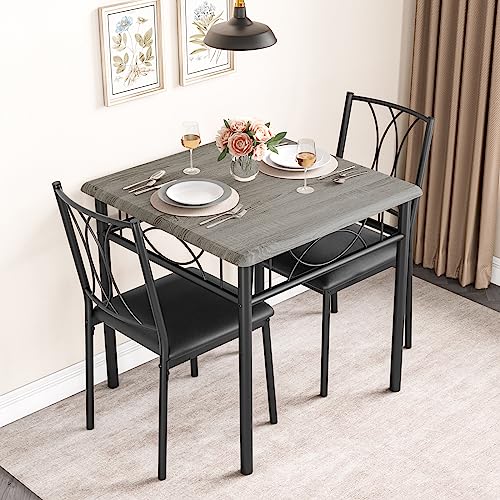 IDEALHOUSE 3 Piece Kitchen Table Set, Dining Table and Chairs for 2, Metal and Wood Square Dining Room Table Set with 2 Upholstered Chairs, Dining Table Set for Small Spaces, Apartment, Rustic Gray