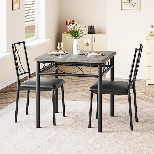 IDEALHOUSE 3 Piece Kitchen Table Set, Dining Table and Chairs for 2, Metal and Wood Square Dining Room Table Set with 2 Upholstered Chairs, Dining Table Set for Small Spaces, Apartment, Rustic Gray