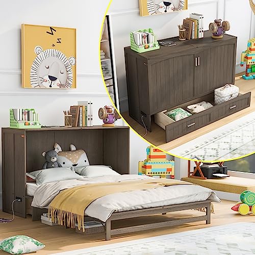 Queen Size Murphy Cabinet Bed with Built-in Charging Station and Large Drawer, Modern Murphy Bed for Kids Teens, Space Saving Design & Easy Assembly (Antique Gray)