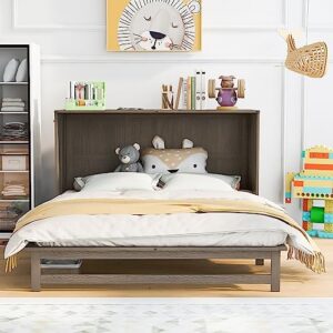 Queen Size Murphy Cabinet Bed with Built-in Charging Station and Large Drawer, Modern Murphy Bed for Kids Teens, Space Saving Design & Easy Assembly (Antique Gray)