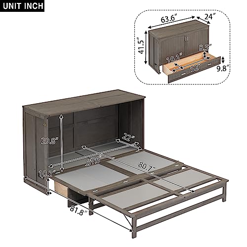 Queen Size Murphy Cabinet Bed with Built-in Charging Station and Large Drawer, Modern Murphy Bed for Kids Teens, Space Saving Design & Easy Assembly (Antique Gray)