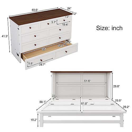 SIYSNKSI Modern Queen Size Murphy Bed Chest, Solid Wood Foldable Platform Bed with Charging Station and Large Storage Drawer, Muti-Functional Cabinet Bed for Home Office or Small Room