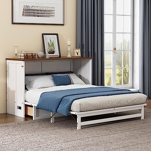 SIYSNKSI Modern Queen Size Murphy Bed Chest, Solid Wood Foldable Platform Bed with Charging Station and Large Storage Drawer, Muti-Functional Cabinet Bed for Home Office or Small Room