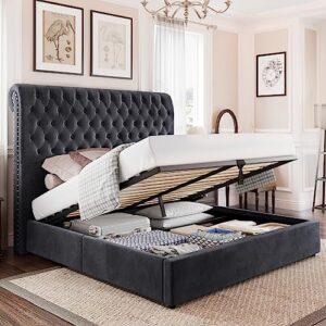 jocisland lift up storage bed queen size velvet upholstered sleigh platform bed frame/52.4" deep button tuft headboard/hydraulic storage/easy assembly/dark grey