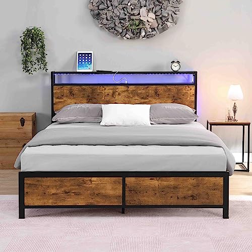 RIDFY Bed Frame with LED Lights and 2 USB Ports, Industrial Platform Bed Frame with 2-Tier Storage Headboard, Heavy Duty Camas/Noise Free/No Box Spring Needed/Brown (Full)