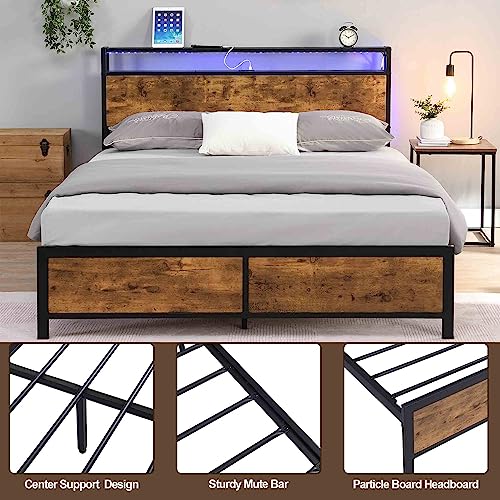 RIDFY Bed Frame with LED Lights and 2 USB Ports, Industrial Platform Bed Frame with 2-Tier Storage Headboard, Heavy Duty Camas/Noise Free/No Box Spring Needed/Brown (Full)