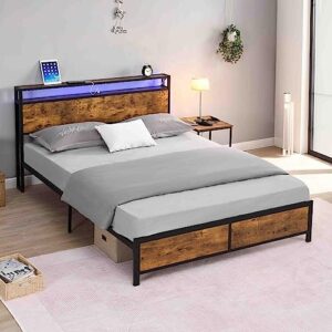 RIDFY Bed Frame with LED Lights and 2 USB Ports, Industrial Platform Bed Frame with 2-Tier Storage Headboard, Heavy Duty Camas/Noise Free/No Box Spring Needed/Brown (Full)