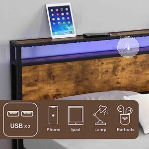 RIDFY Bed Frame with LED Lights and 2 USB Ports, Industrial Platform Bed Frame with 2-Tier Storage Headboard, Heavy Duty Camas/Noise Free/No Box Spring Needed/Brown (Full)