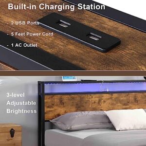 RIDFY Bed Frame with LED Lights and 2 USB Ports, Industrial Platform Bed Frame with 2-Tier Storage Headboard, Heavy Duty Camas/Noise Free/No Box Spring Needed/Brown (Full)