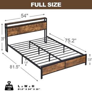 RIDFY Bed Frame with LED Lights and 2 USB Ports, Industrial Platform Bed Frame with 2-Tier Storage Headboard, Heavy Duty Camas/Noise Free/No Box Spring Needed/Brown (Full)