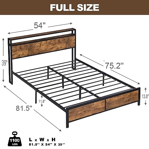 RIDFY Bed Frame with LED Lights and 2 USB Ports, Industrial Platform Bed Frame with 2-Tier Storage Headboard, Heavy Duty Camas/Noise Free/No Box Spring Needed/Brown (Full)