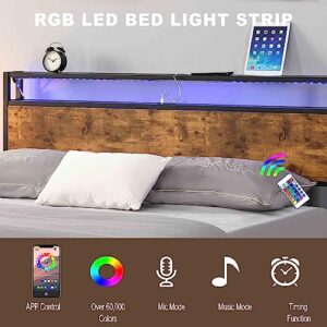 RIDFY Bed Frame with LED Lights and 2 USB Ports, Industrial Platform Bed Frame with 2-Tier Storage Headboard, Heavy Duty Camas/Noise Free/No Box Spring Needed/Brown (Full)