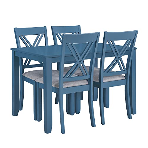 Harper & Bright Designs Rustic Wood 5-Piece Dining Table Set,Minimalist Wooden Kitchen Table Set with Table and 4 X-Back Dining Chairs,Blue