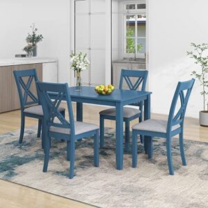 harper & bright designs rustic wood 5-piece dining table set,minimalist wooden kitchen table set with table and 4 x-back dining chairs,blue