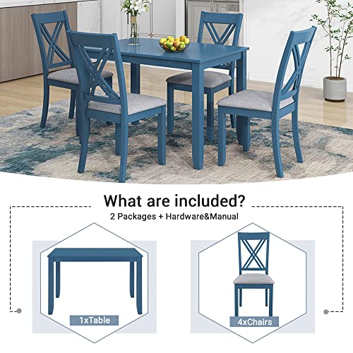 Harper & Bright Designs Rustic Wood 5-Piece Dining Table Set,Minimalist Wooden Kitchen Table Set with Table and 4 X-Back Dining Chairs,Blue