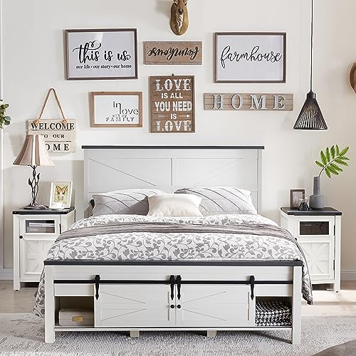 JXQTLINGMU 14" Full Bed Frame and Headboard, Wood Farmhouse Bed Frame with Sliding Barn Door Storage, Curved Wood Slats Support, Noiseless, No Box Spring Needed, Rustic White