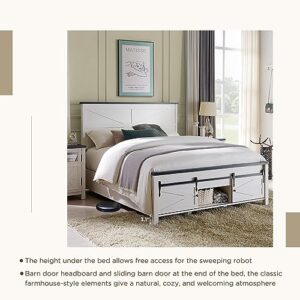 JXQTLINGMU 14" Full Bed Frame and Headboard, Wood Farmhouse Bed Frame with Sliding Barn Door Storage, Curved Wood Slats Support, Noiseless, No Box Spring Needed, Rustic White