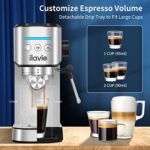 ILAVIE Espresso Machines with Steamer, 20 Bar Pump Espresso and Cappuccino latte Maker, Espresso Machine Easy to Use for Home Barista, Stainless Steel, 1350W