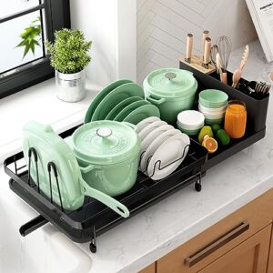 kitsure kitchen dish drying rack - extendable dish rack w/large capacity, dish rack for kitchen counter, multipurpose dish drainer w/detachable brackets for pot lids, dishes-4063