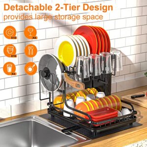 Stofiro 2 Tier Dish Drying Rack with Drainboard & 4 Pack Magnetic Spice Rack for Refrigerator