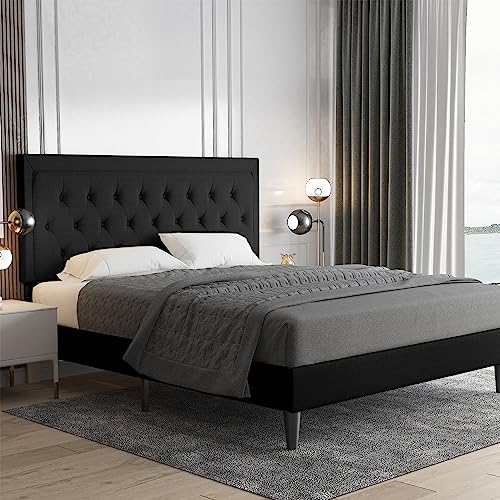 Allewie Queen Size Bed Frame Upholstered Platform Bed with Adjustable Headboard, Button Tufted, Wood Slat Support, Easy Assembly, Black