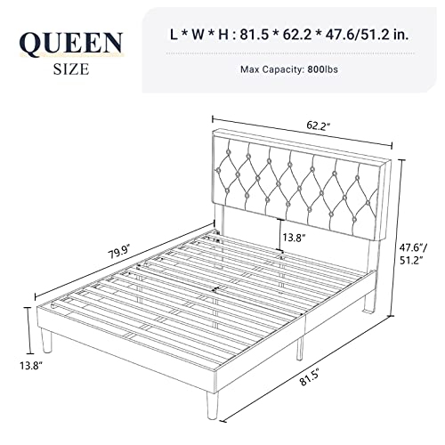 Allewie Queen Size Bed Frame Upholstered Platform Bed with Adjustable Headboard, Button Tufted, Wood Slat Support, Easy Assembly, Black