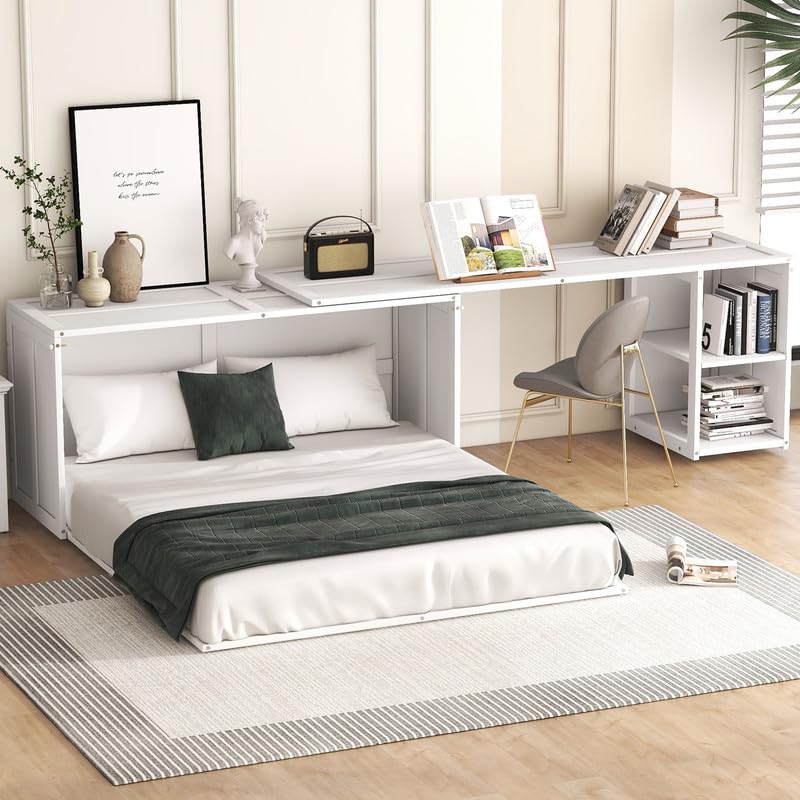 FDSPDO Queen Size Murphy Bed with Rotable Desk, White