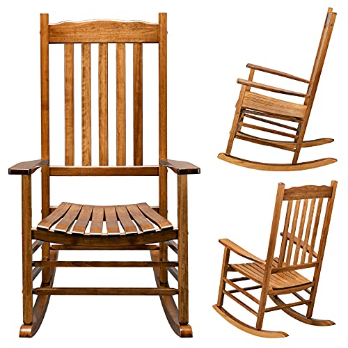 Patio Rocking Chair, Wooden Porch Rocker with High Back, 350Lbs Support Rocking Chairs for Both Outdoor and Indoor, Rocker Chair Patio Seating Chairs Rocking Chairs 62 x 86 x 117cm(L x W x H)