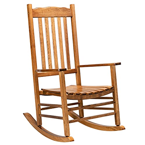 Patio Rocking Chair, Wooden Porch Rocker with High Back, 350Lbs Support Rocking Chairs for Both Outdoor and Indoor, Rocker Chair Patio Seating Chairs Rocking Chairs 62 x 86 x 117cm(L x W x H)